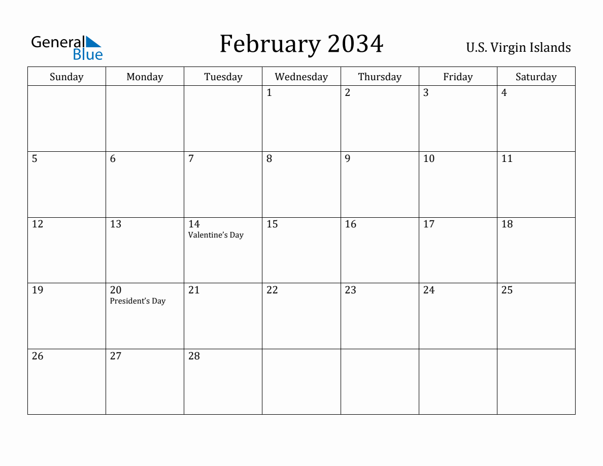 February 2034 Monthly Calendar with U.S. Virgin Islands Holidays