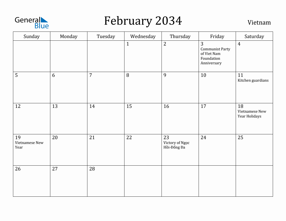 February 2034 Monthly Calendar with Vietnam Holidays