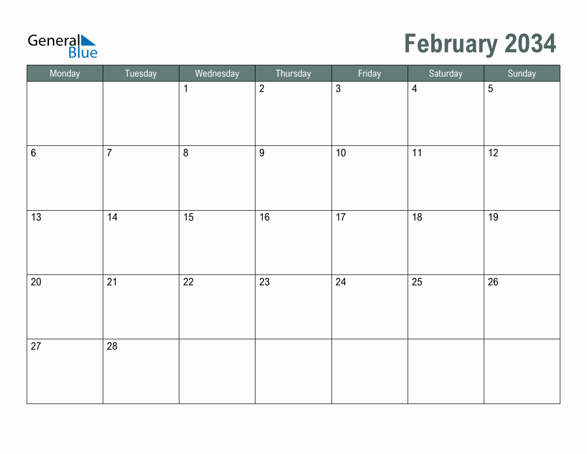 Blank February 2034 Monthly Calendar Template - Monday Start