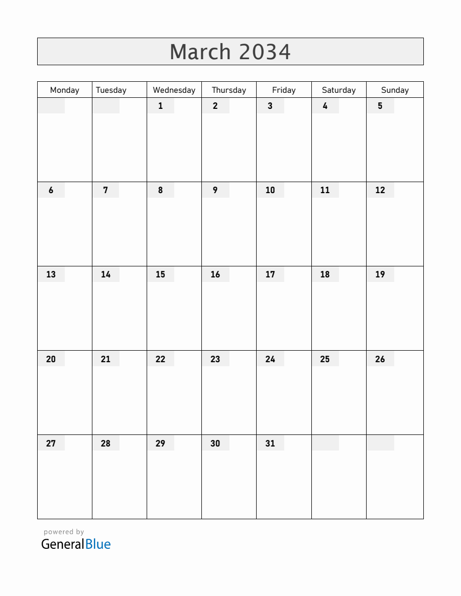Blank March 2034 Calendar - Monday Start