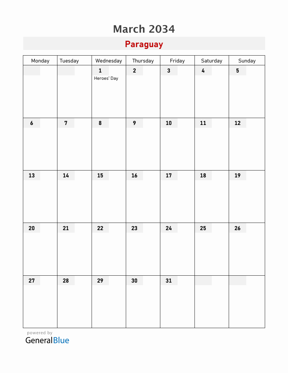 Paraguay March 2034 Calendar with Holidays