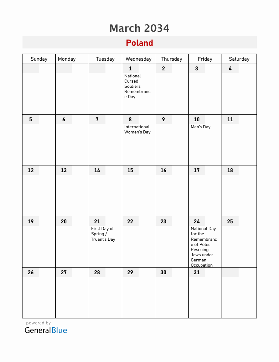 Poland March 2034 Calendar with Holidays