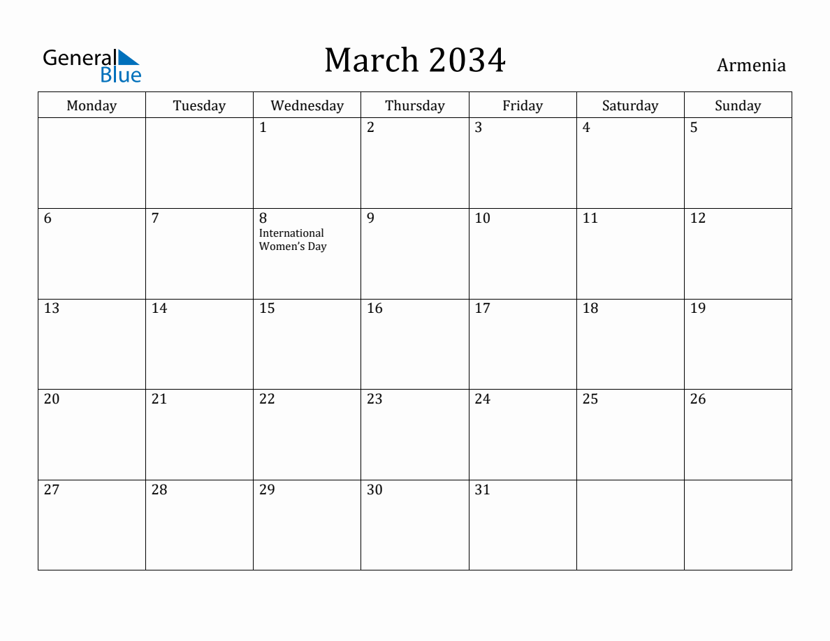 March 2034 - Armenia Monthly Calendar with Holidays