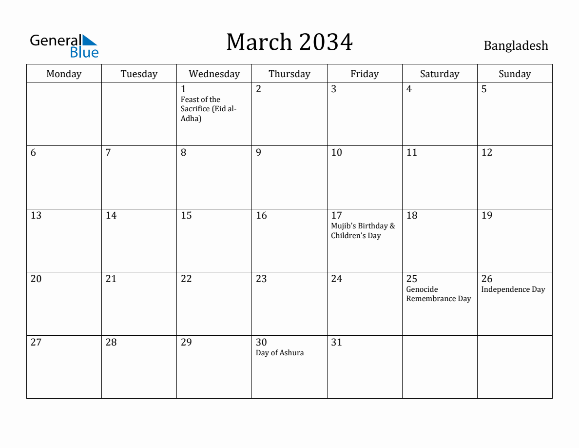 Bangladesh Monthly Calendar - March 2034 (Monday Start)