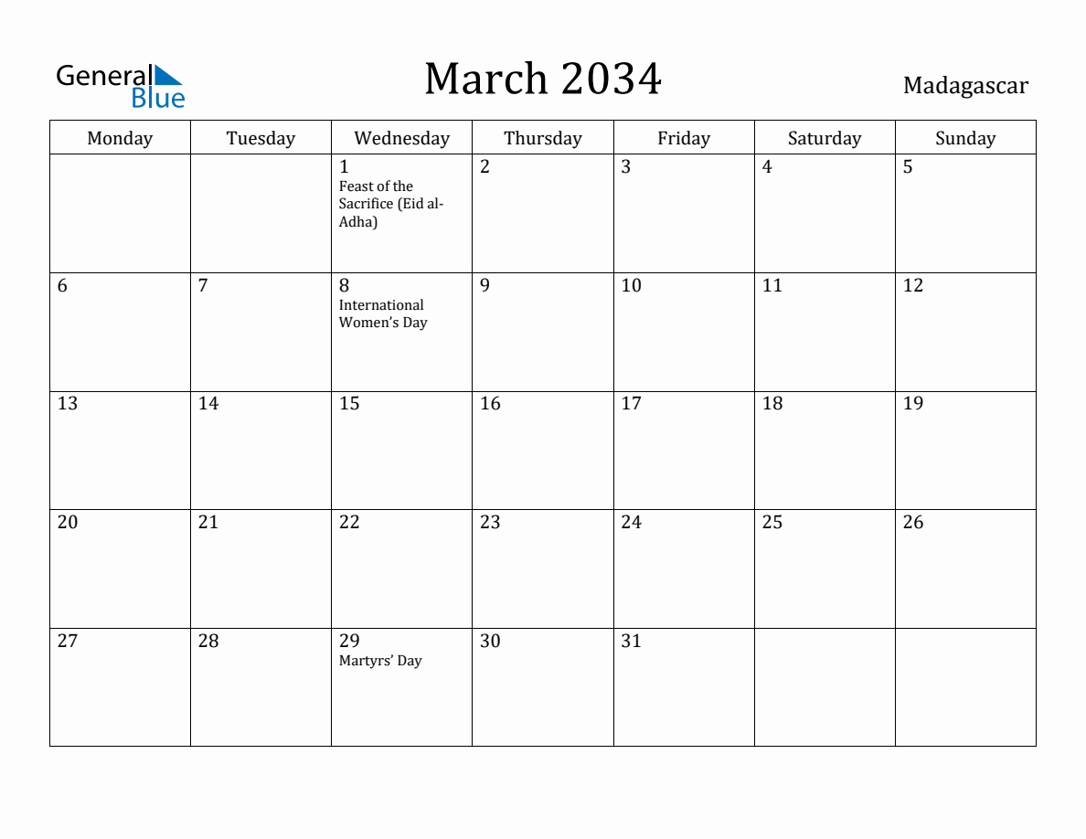 Madagascar Monthly Calendar - March 2034 (Monday Start)