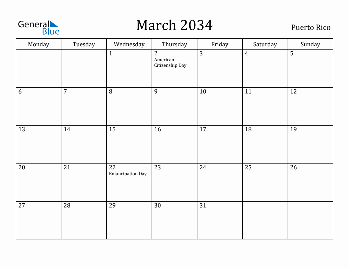 March 2034 Monthly Calendar with Puerto Rico Holidays (Monday Start)