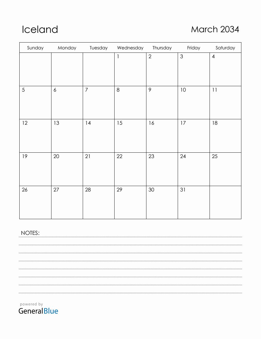 March 2034 Iceland Calendar with Holidays