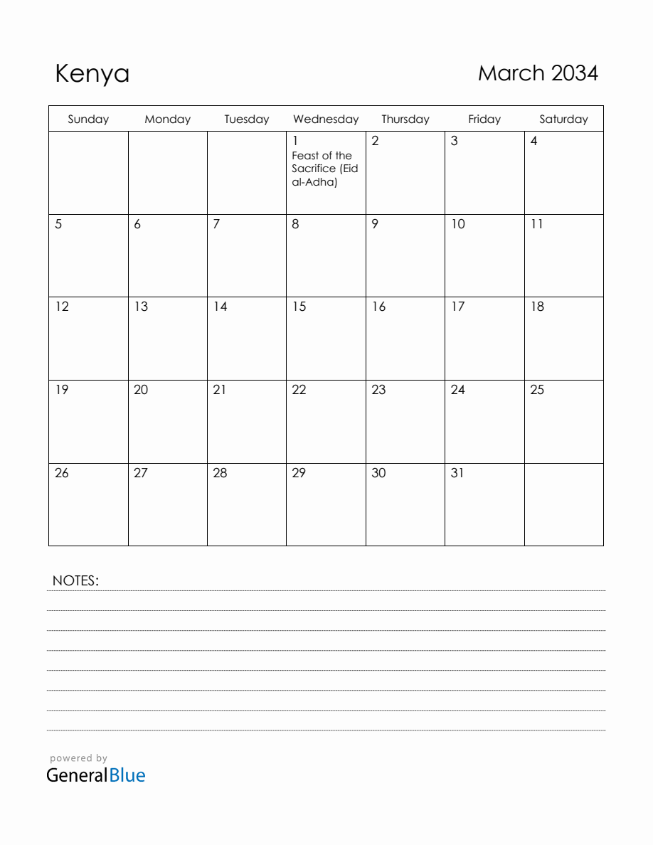 March 2034 Kenya Calendar with Holidays
