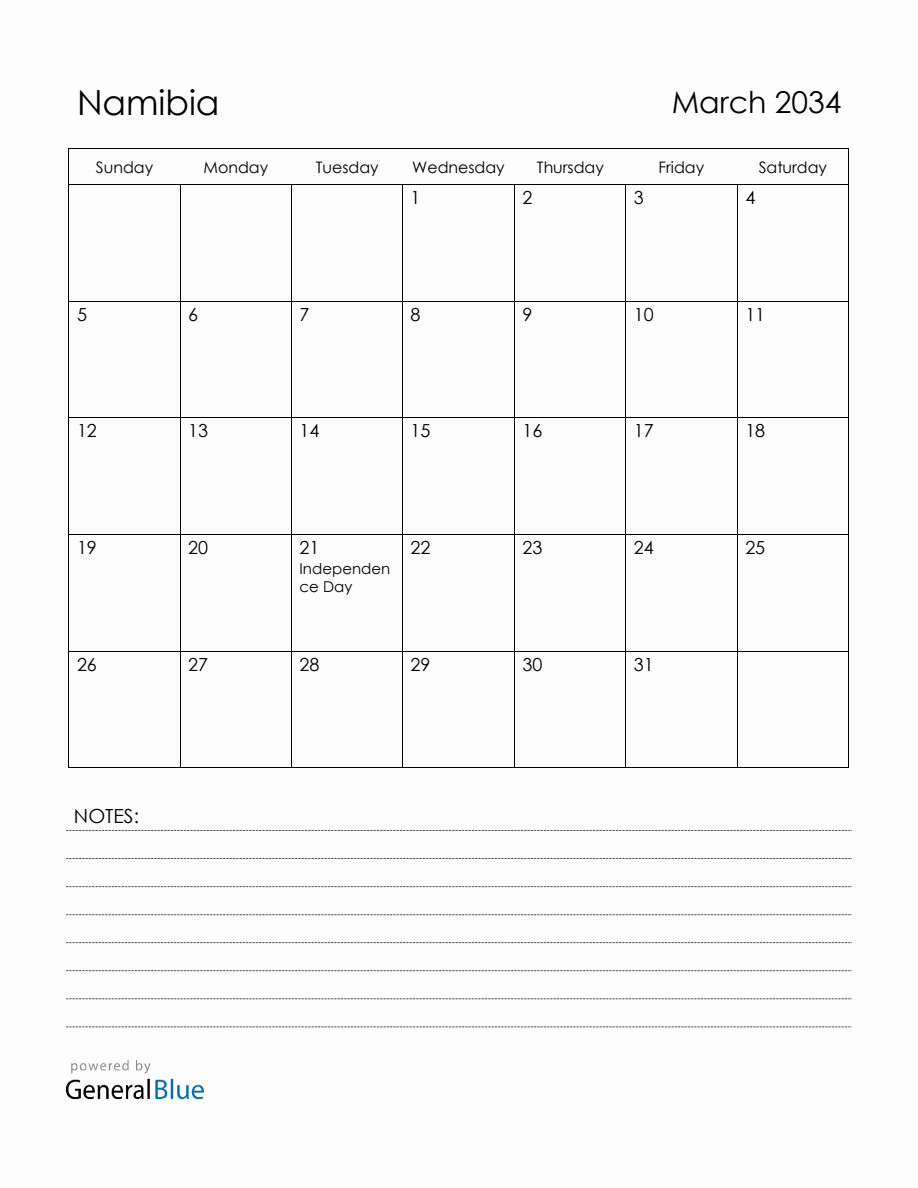 March 2034 Namibia Calendar with Holidays