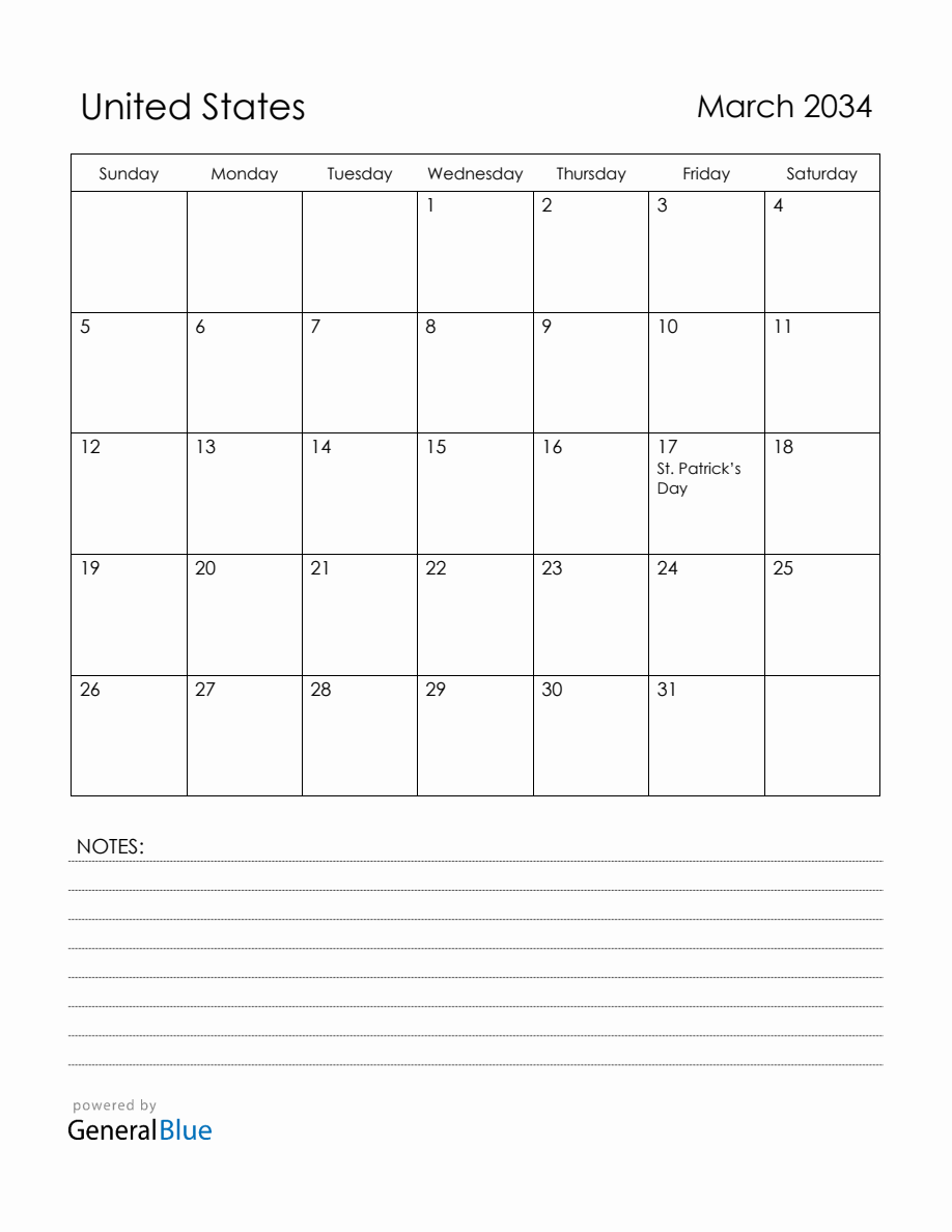 March 2034 United States Calendar with Holidays