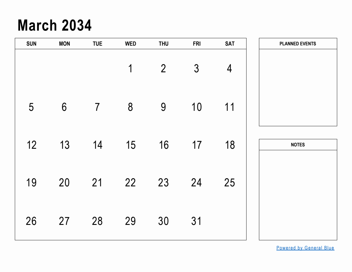 March 2034 Monthly Planner