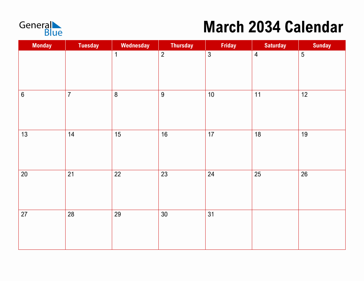 Basic Monthly Calendar - March 2034 - Monday Start