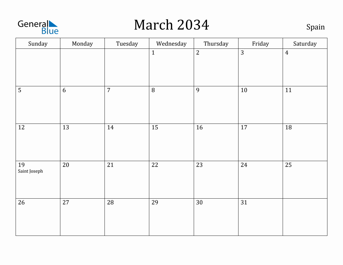 March 2034 Monthly Calendar with Spain Holidays