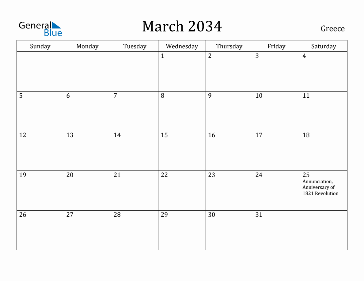 March 2034 Monthly Calendar with Greece Holidays
