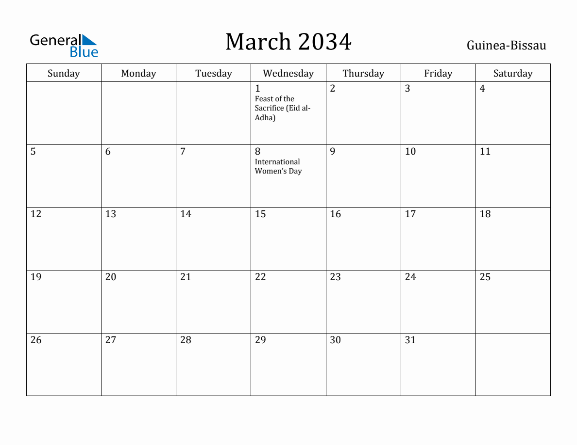 March 2034 Monthly Calendar with Guinea-Bissau Holidays