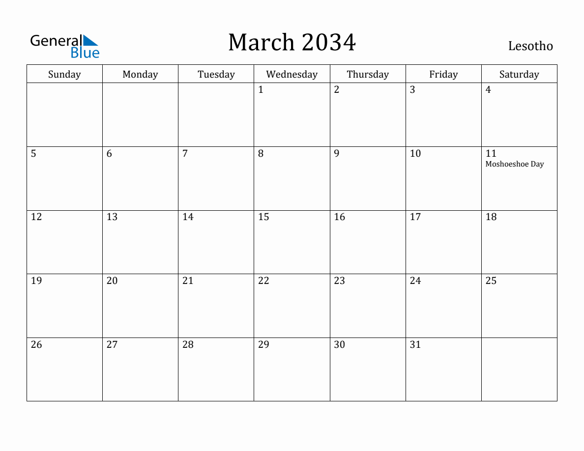 March 2034 Monthly Calendar with Lesotho Holidays