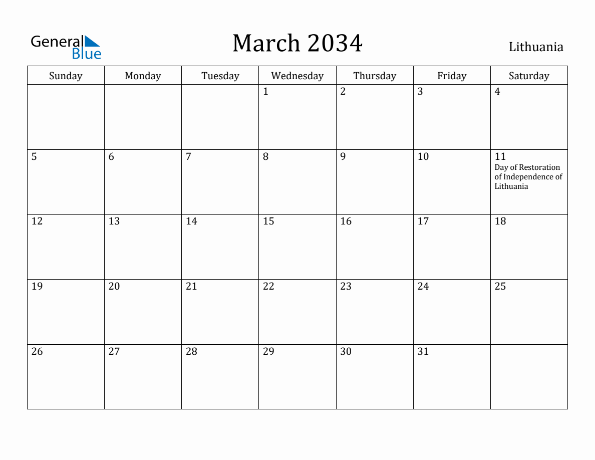 March 2034 Monthly Calendar with Lithuania Holidays