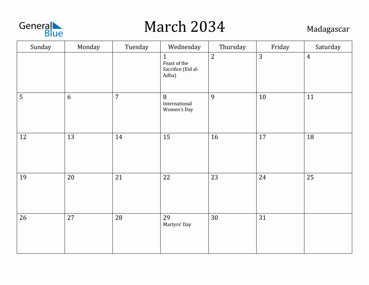 March 2034 Monthly Calendar with Madagascar Holidays