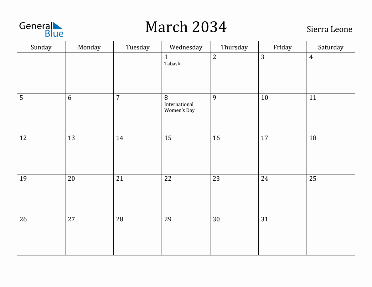 March 2034 Monthly Calendar with Sierra Leone Holidays