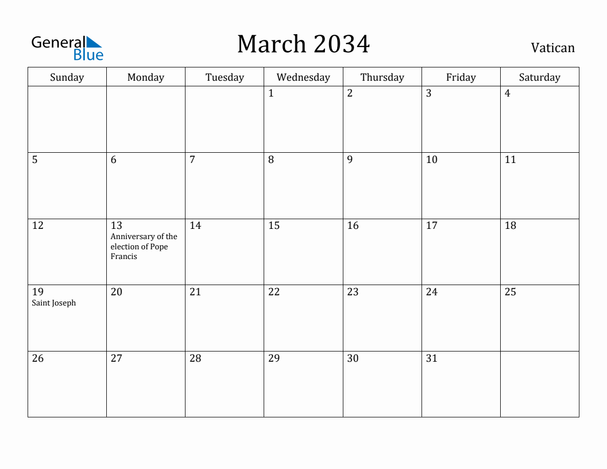 March 2034 Monthly Calendar with Vatican Holidays