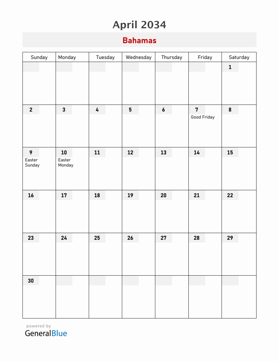 Bahamas April 2034 Calendar with Holidays