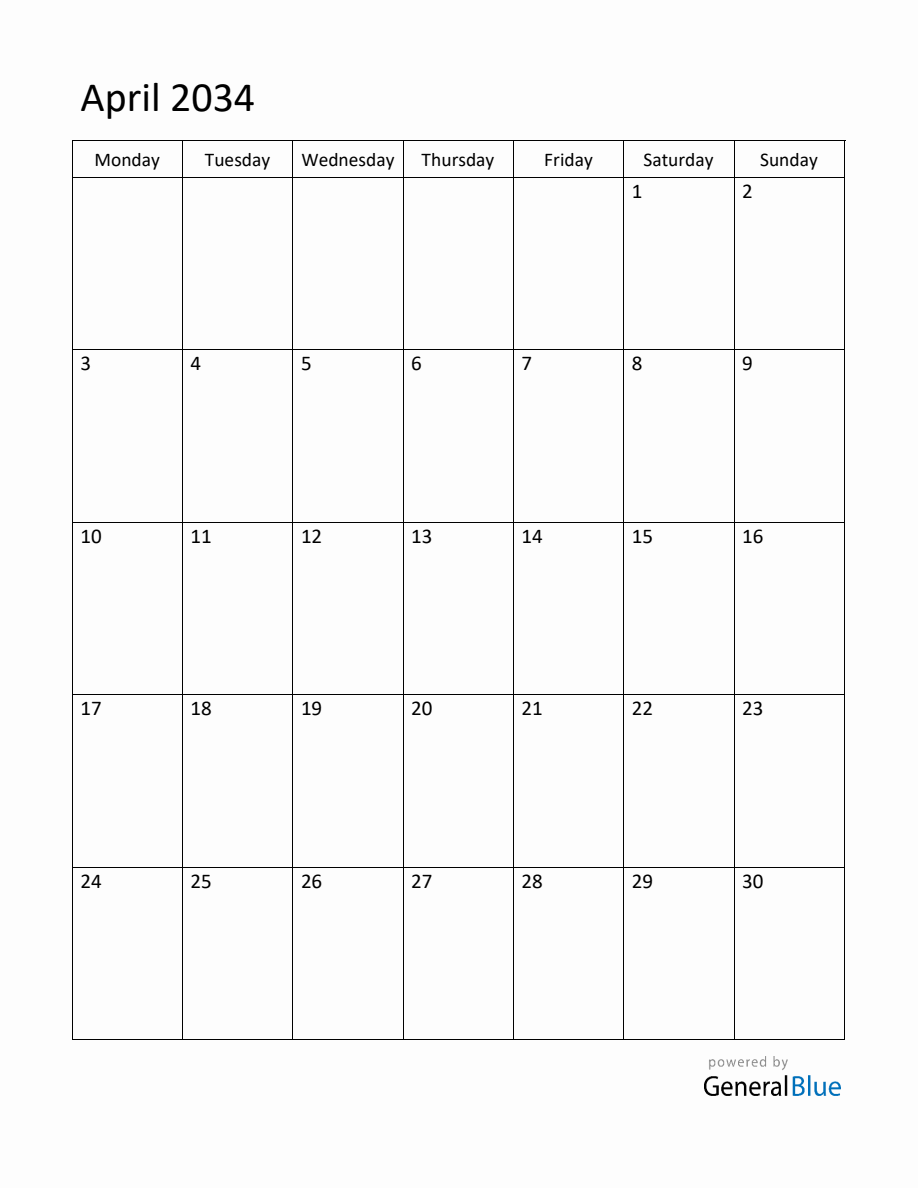 Editable April 2034 Monthly Calendar - Monday Start