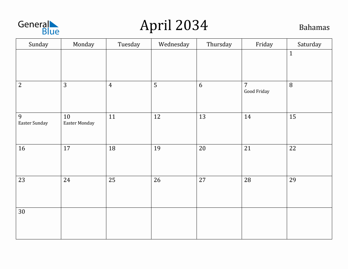 April 2034 Monthly Calendar with Bahamas Holidays