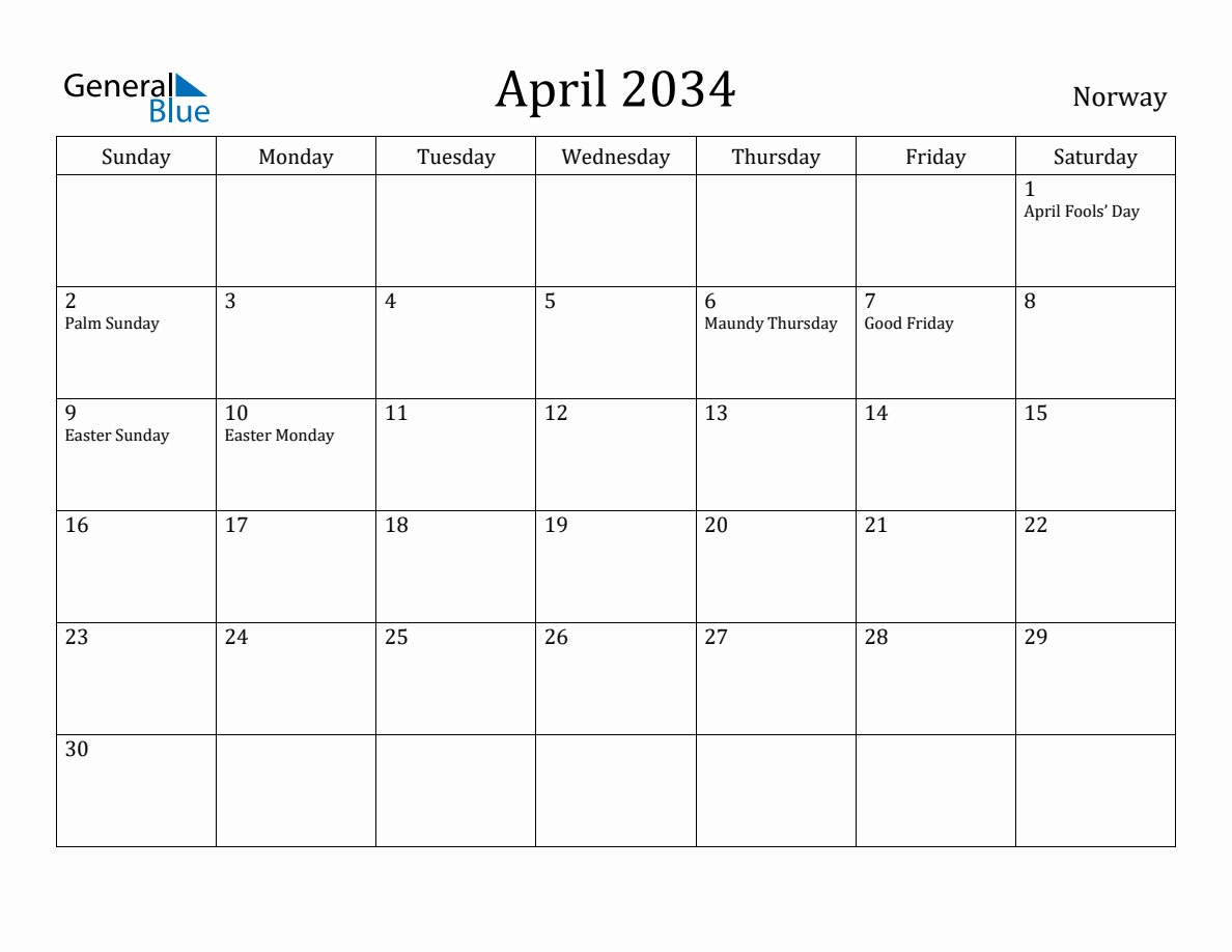 April 2034 Monthly Calendar with Norway Holidays