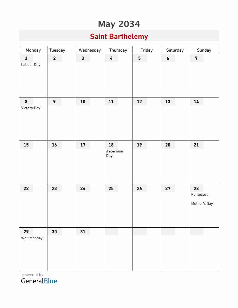 Saint Barthelemy May 2034 Calendar with Holidays (Monday Start)
