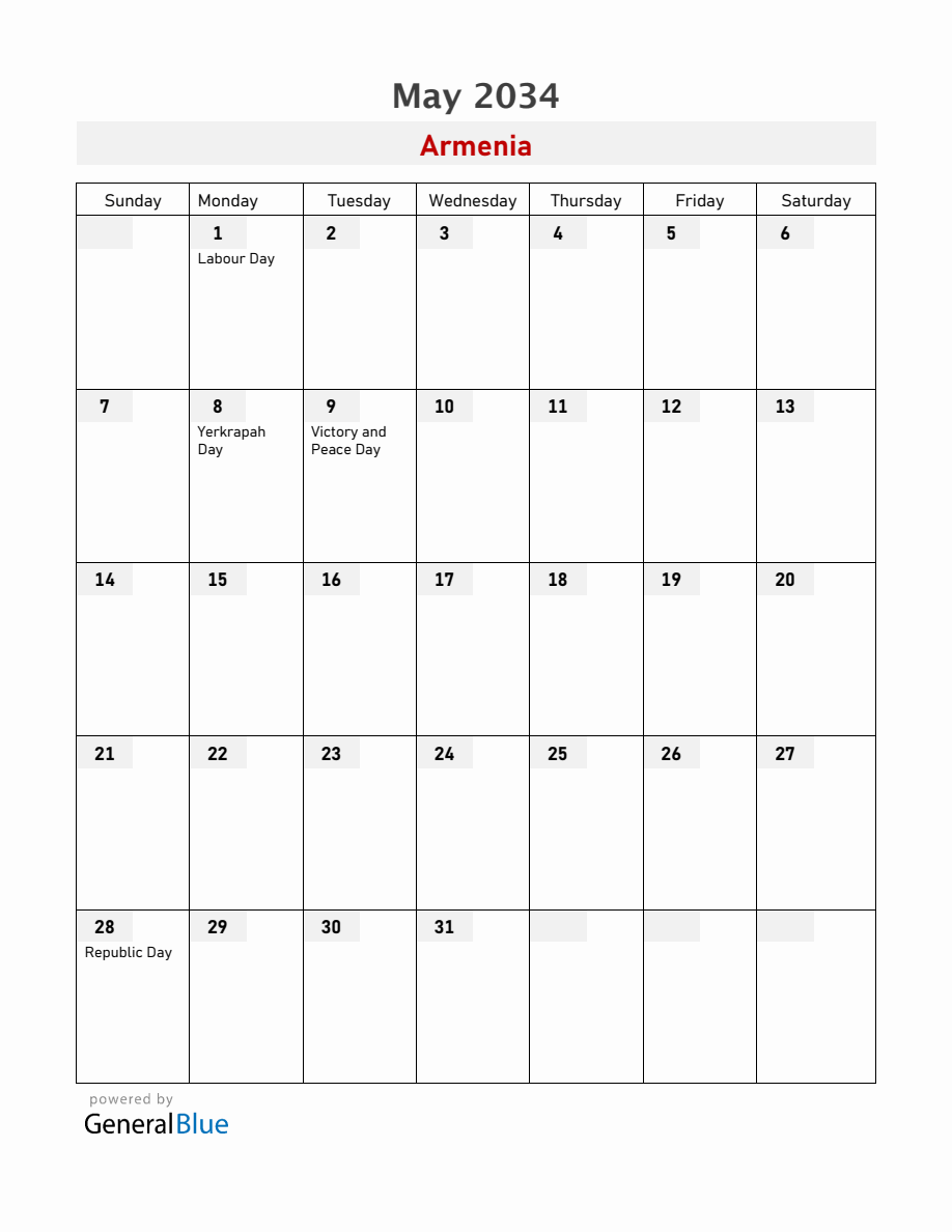 Armenia May 2034 Calendar with Holidays