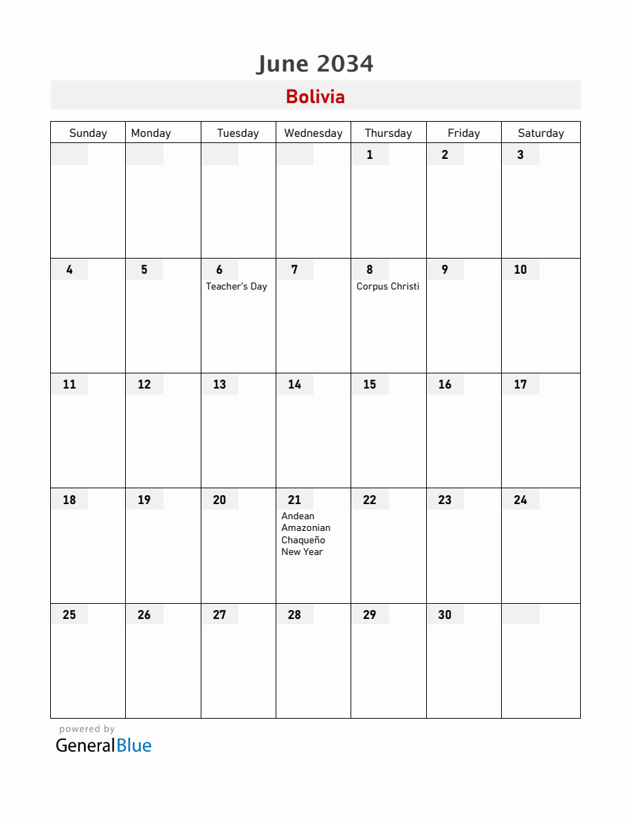 Bolivia June 2034 Calendar with Holidays