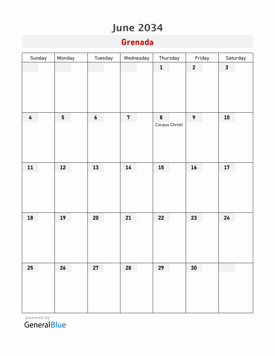 Grenada June 2034 Calendar with Holidays