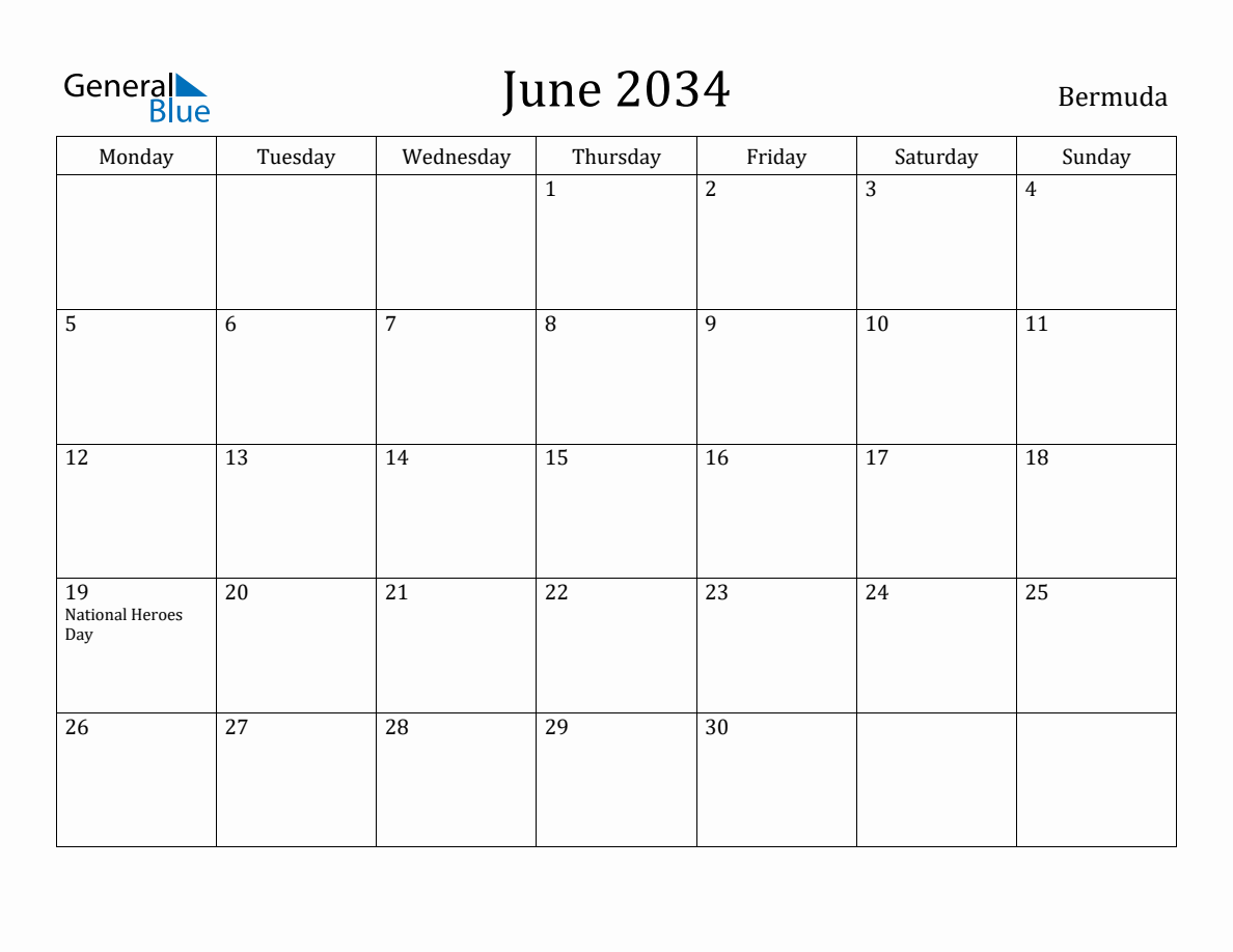 June 2034 - Bermuda Monthly Calendar with Holidays