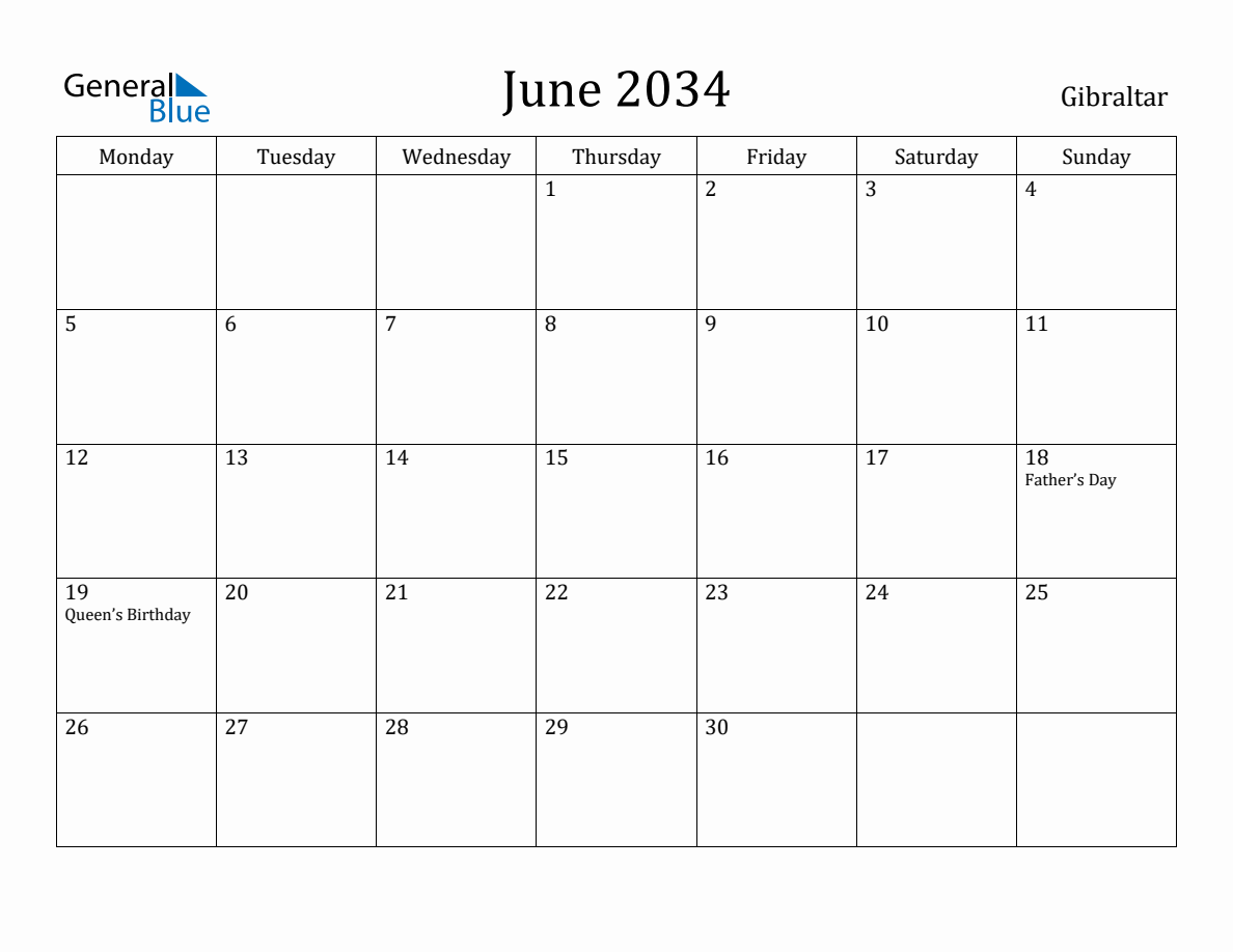 June 2034 - Gibraltar Monthly Calendar with Holidays