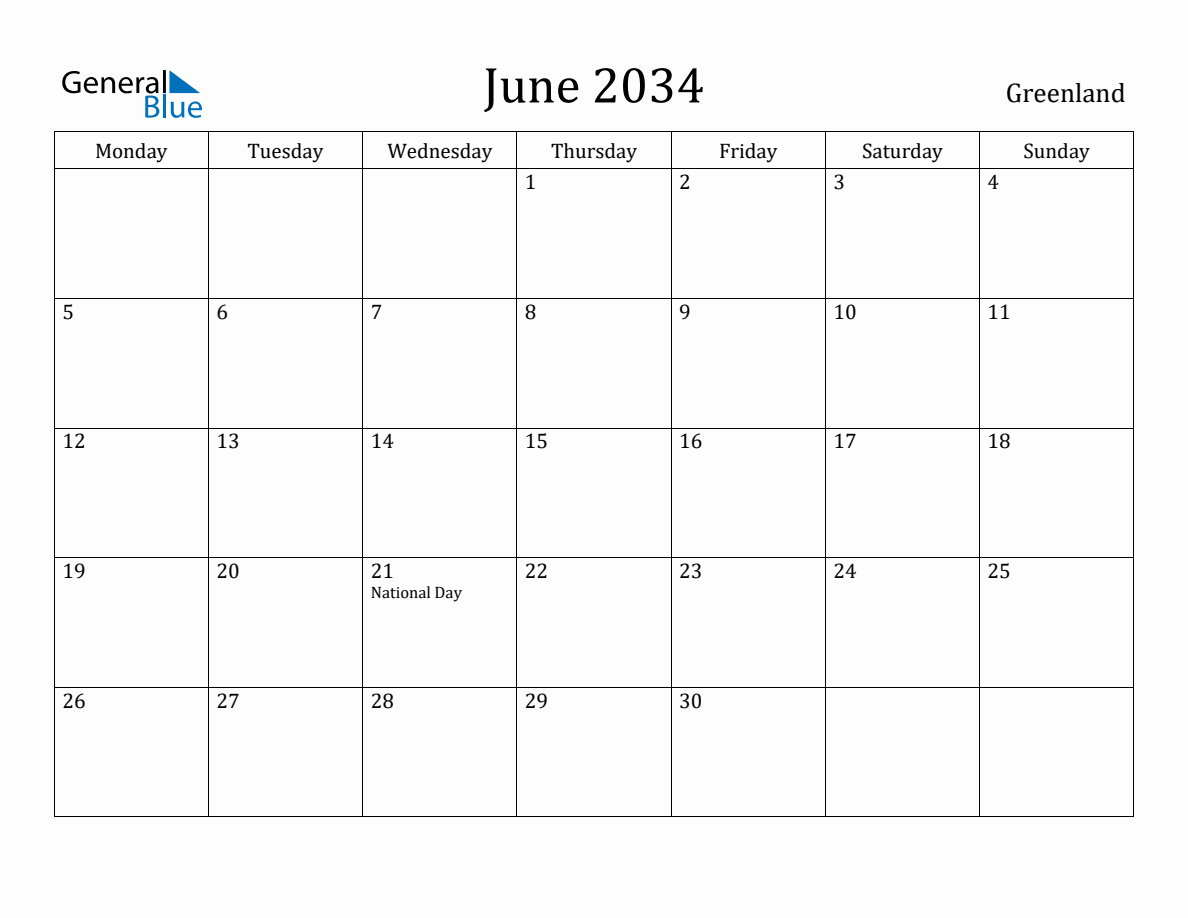 June 2034 Monthly Calendar with Greenland Holidays (Monday Start)