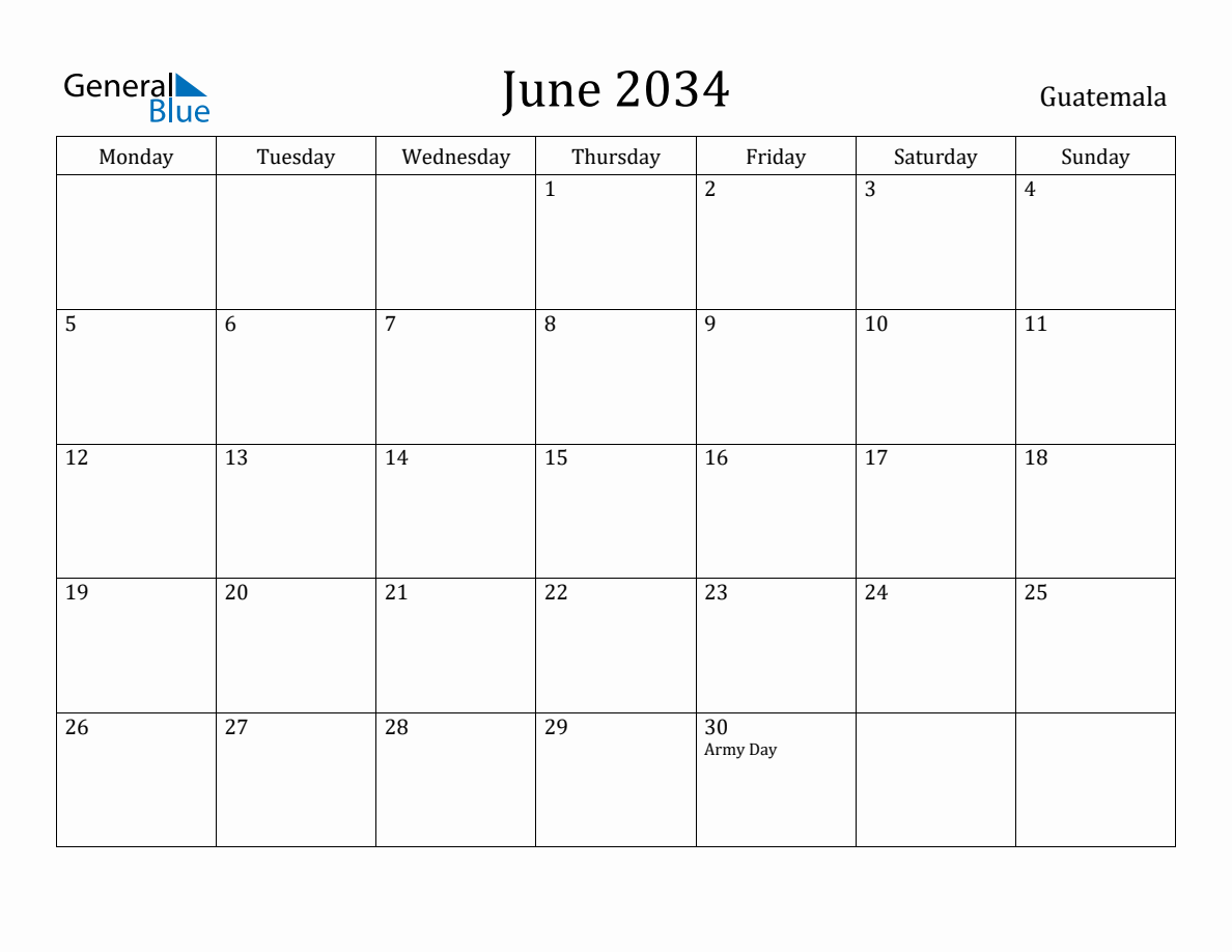 June 2034 - Guatemala Monthly Calendar with Holidays