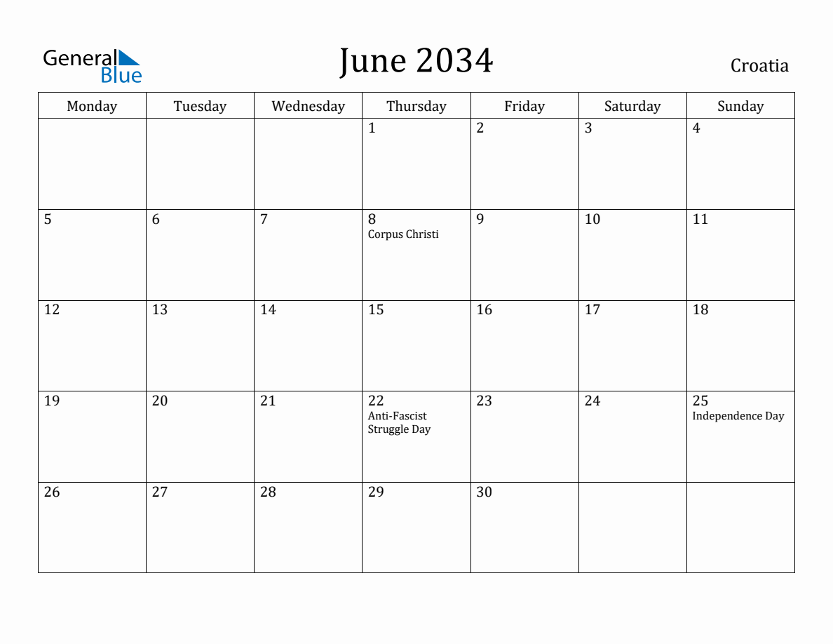 June 2034 - Croatia Monthly Calendar with Holidays