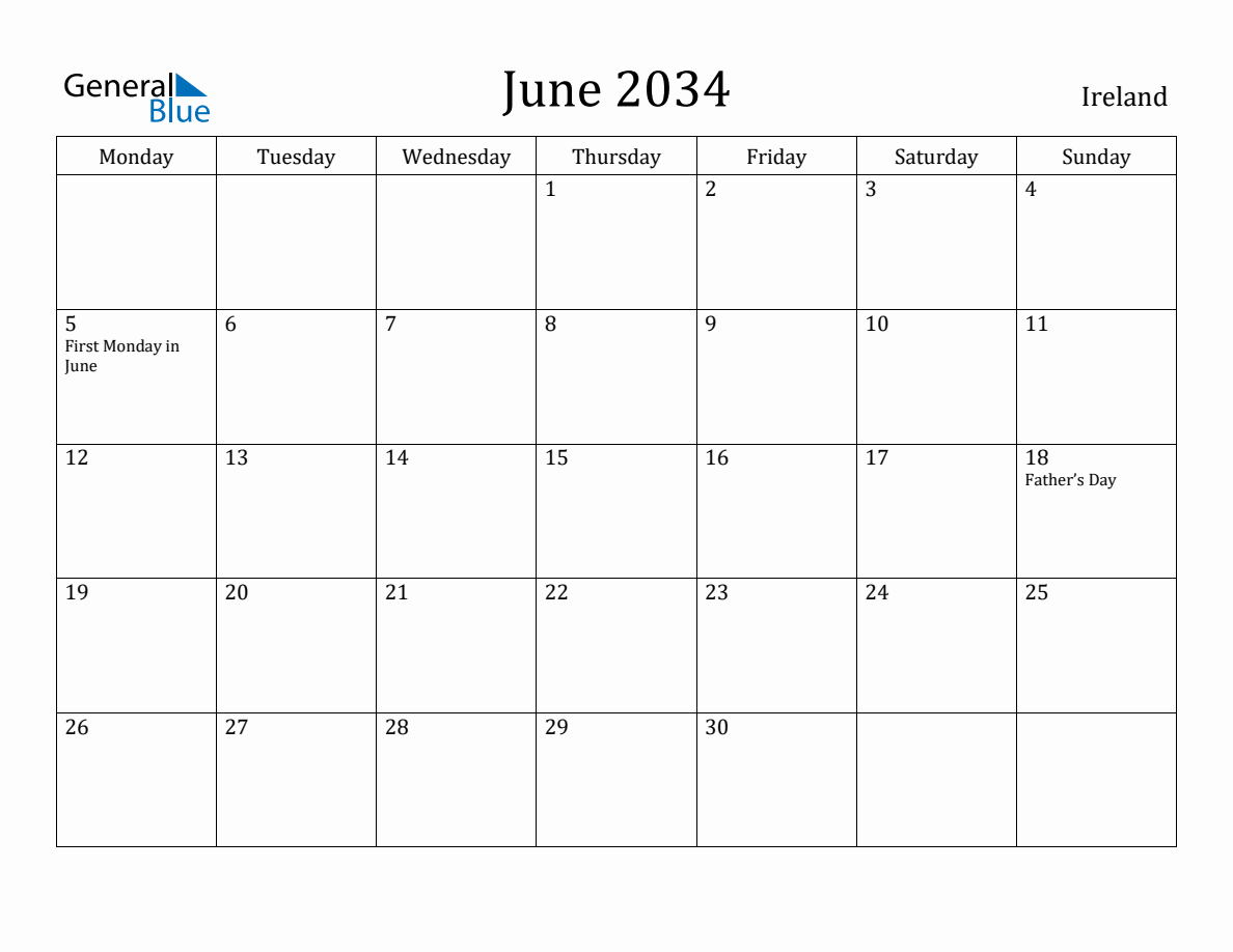 June 2034 - Ireland Monthly Calendar with Holidays