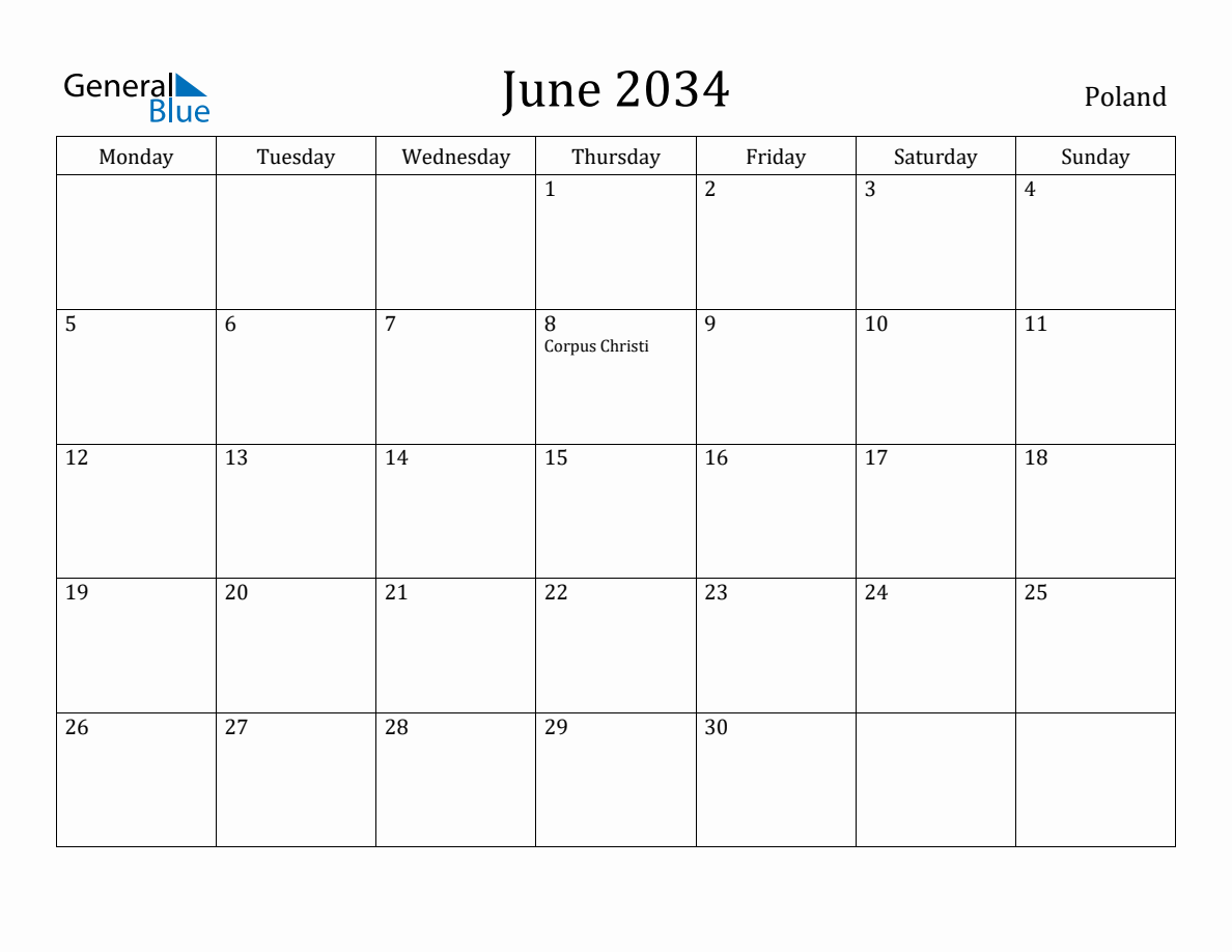 June 2034 Monthly Calendar with Poland Holidays (Monday Start)