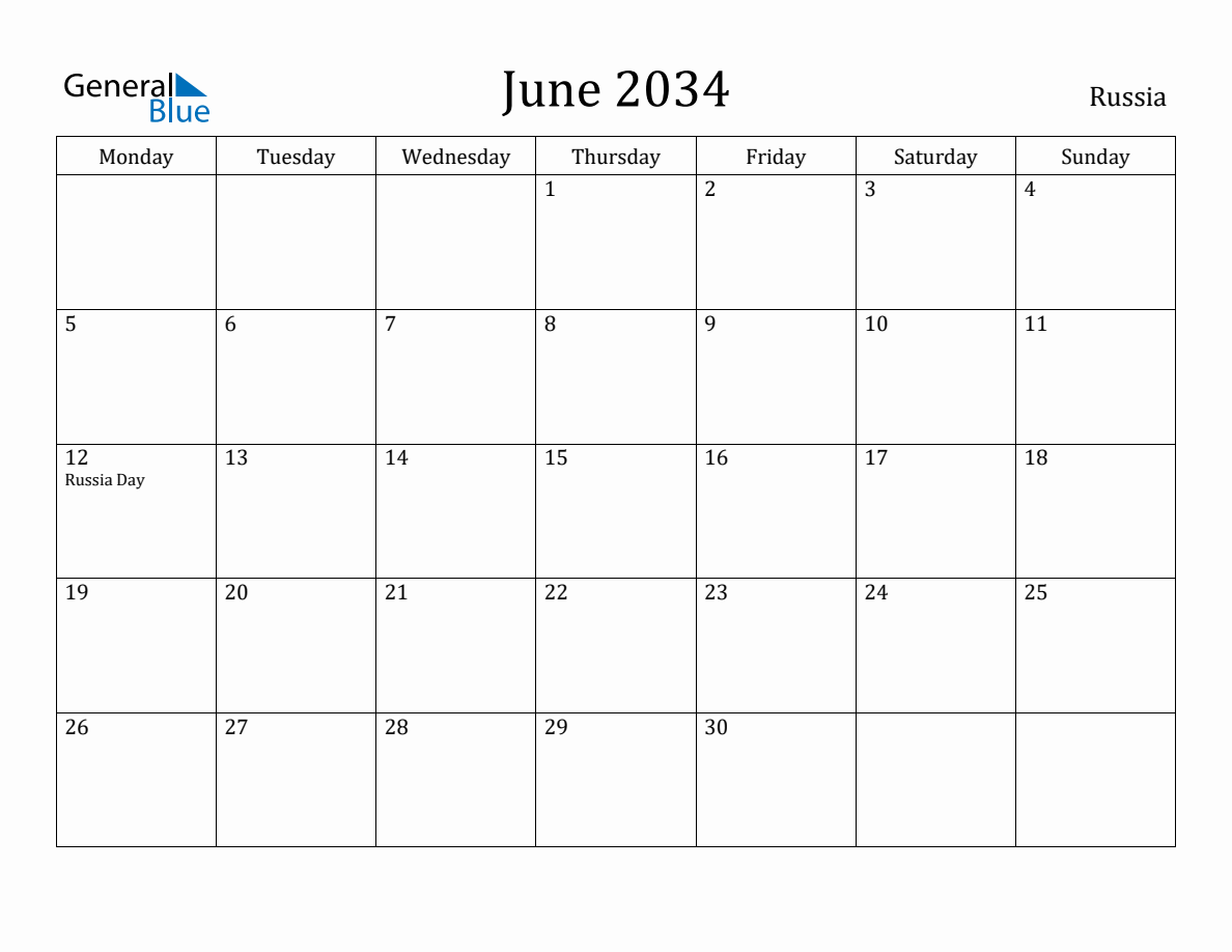 June 2034 - Russia Monthly Calendar with Holidays