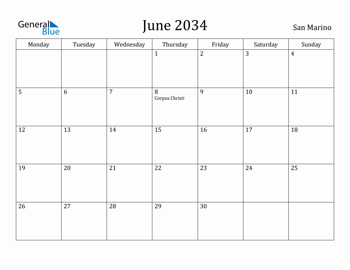 San Marino Monthly Calendar - June 2034 (Monday Start)