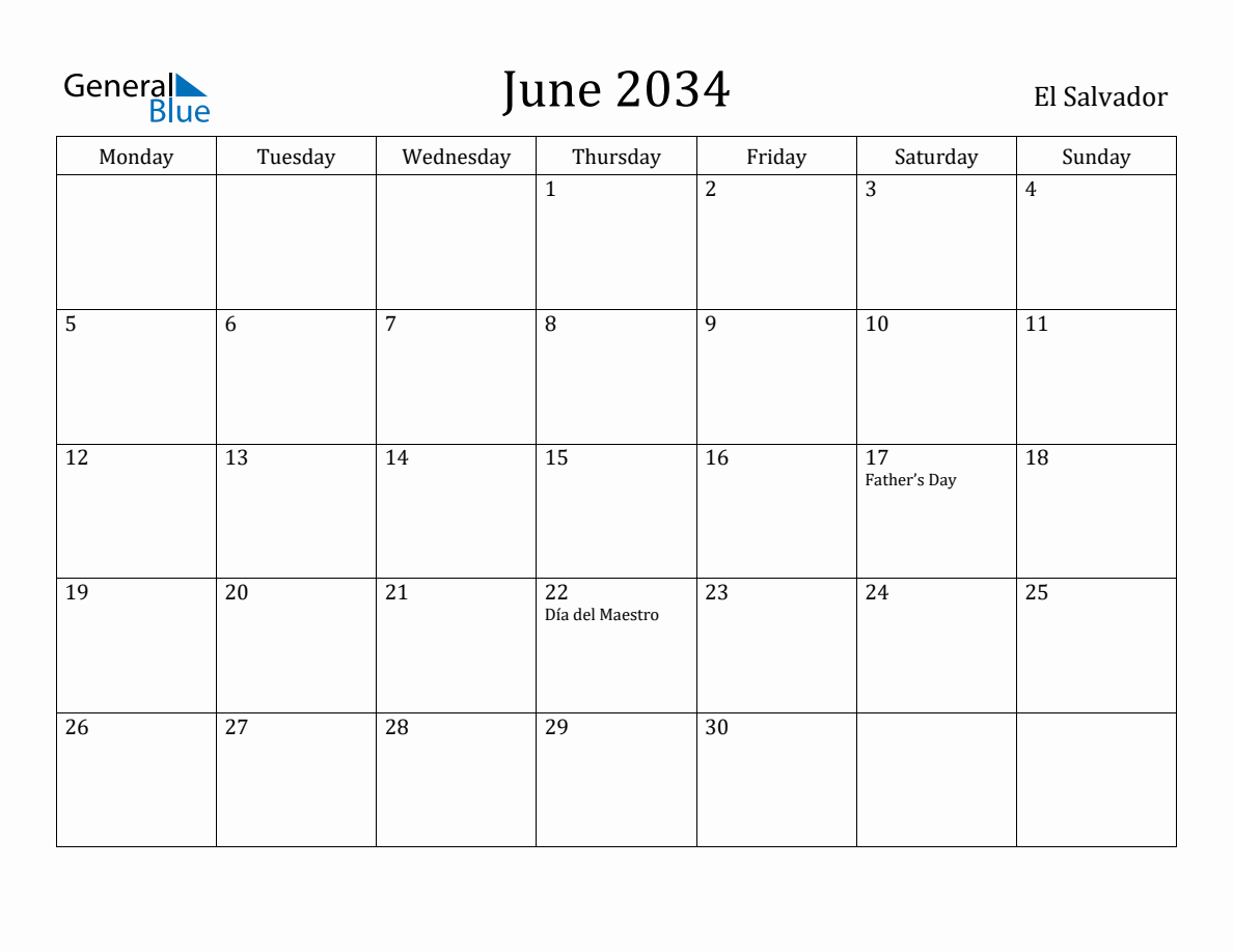 El Salvador Monthly Calendar - June 2034 (Monday Start)