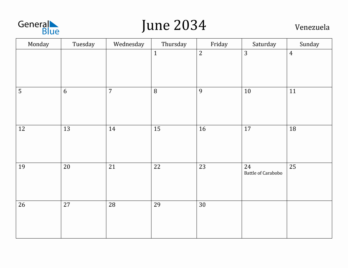 June 2034 - Venezuela Monthly Calendar with Holidays