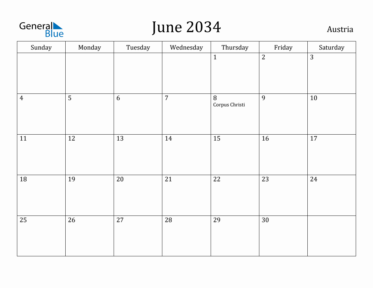 June 2034 Monthly Calendar with Austria Holidays