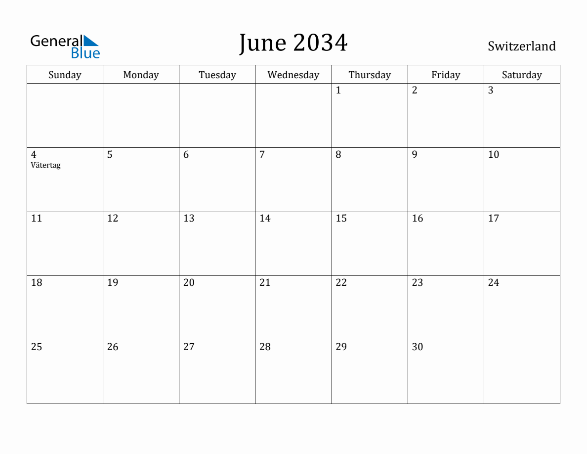 June 2034 Monthly Calendar with Switzerland Holidays