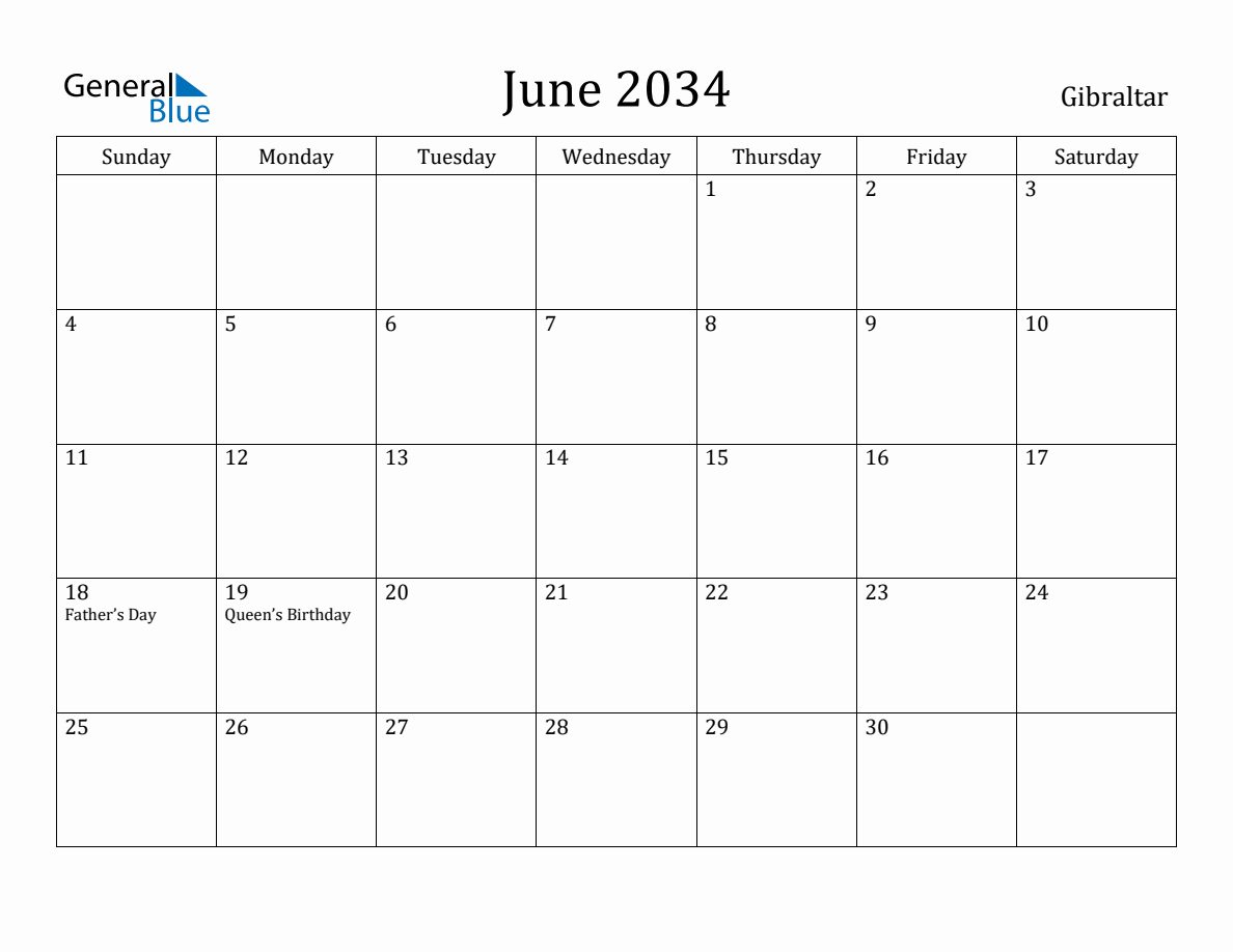 June 2034 Monthly Calendar with Gibraltar Holidays