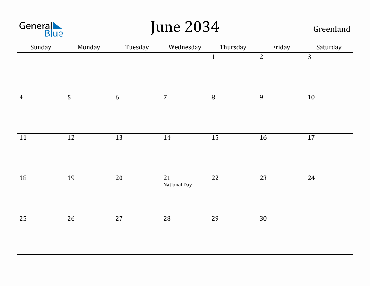 June 2034 Monthly Calendar with Greenland Holidays