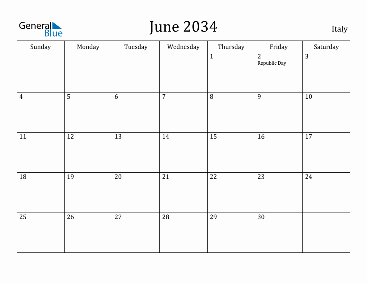 June 2034 Monthly Calendar with Italy Holidays