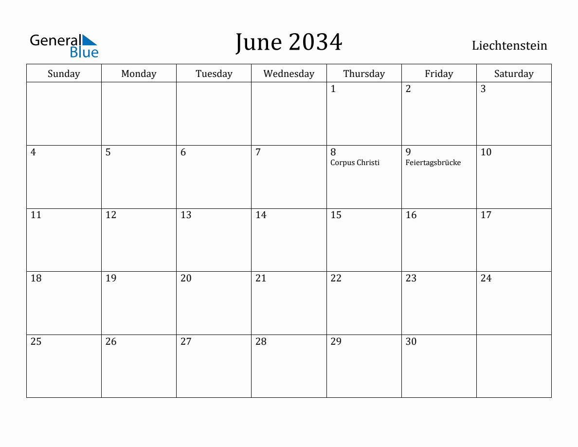 June 2034 Monthly Calendar with Liechtenstein Holidays