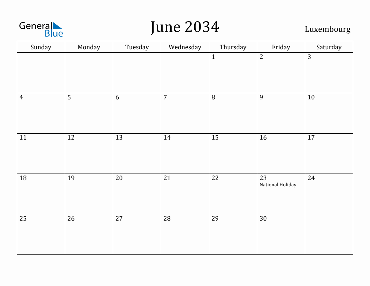 June 2034 Monthly Calendar with Luxembourg Holidays